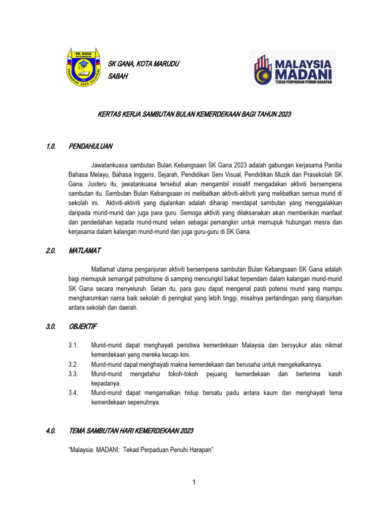 Kertas Kerja Bulan Kemerdekaan SKG 2023 | PDF