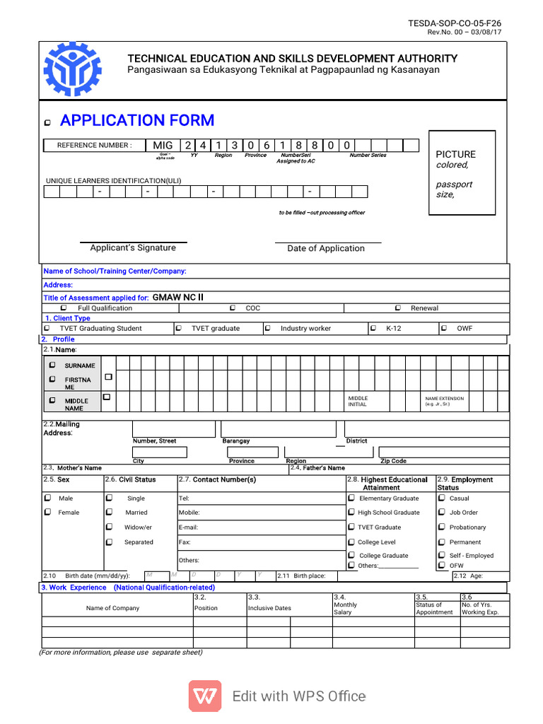 TESDA Unique Learners Identification Form | PDF