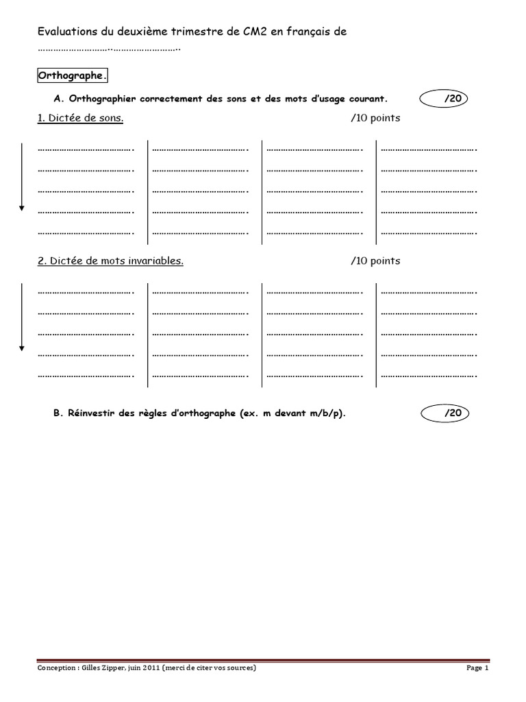 Évaluation de Français CM2 - 2ème Trimestre | PDF | Grammaire ...
