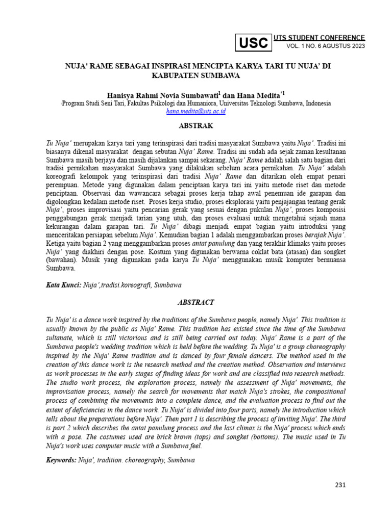 Nuja' Rame Sebagai Inspirasi Mencipta Karya Tari Tu Nuja' Di Kabupaten Sumbawa Hanisya Rahmi ...