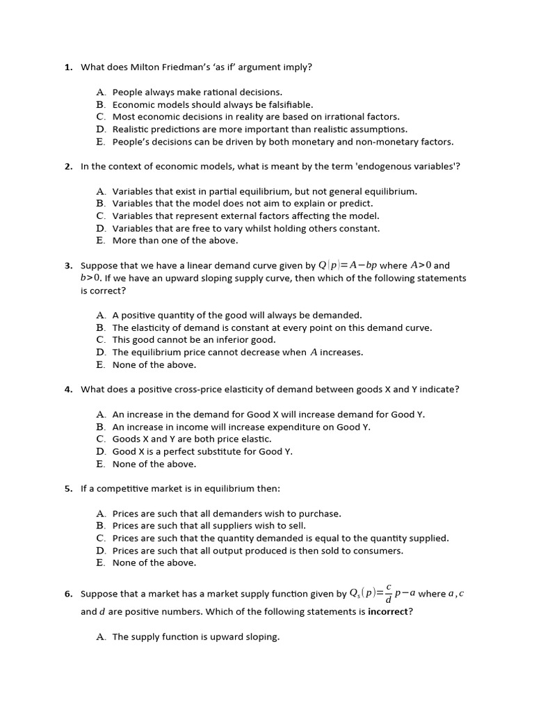 Economics Quiz: Key Concepts and Theories | PDF | Demand | Economic Surplus