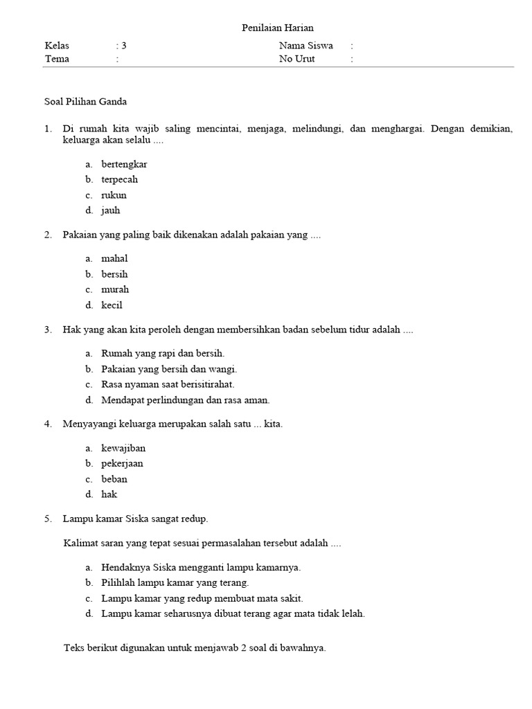 Cetak Soal Kelas 3 Tema 4 Subtema 1 | PDF