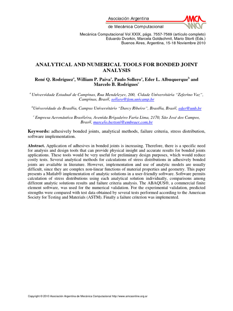 Analytical and Numerical Tools For Bonded Joint Analysis | PDF ...