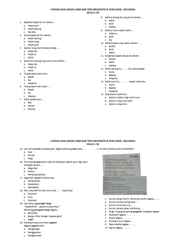 Soal Bahasa Jawa Kelas 1 | PDF