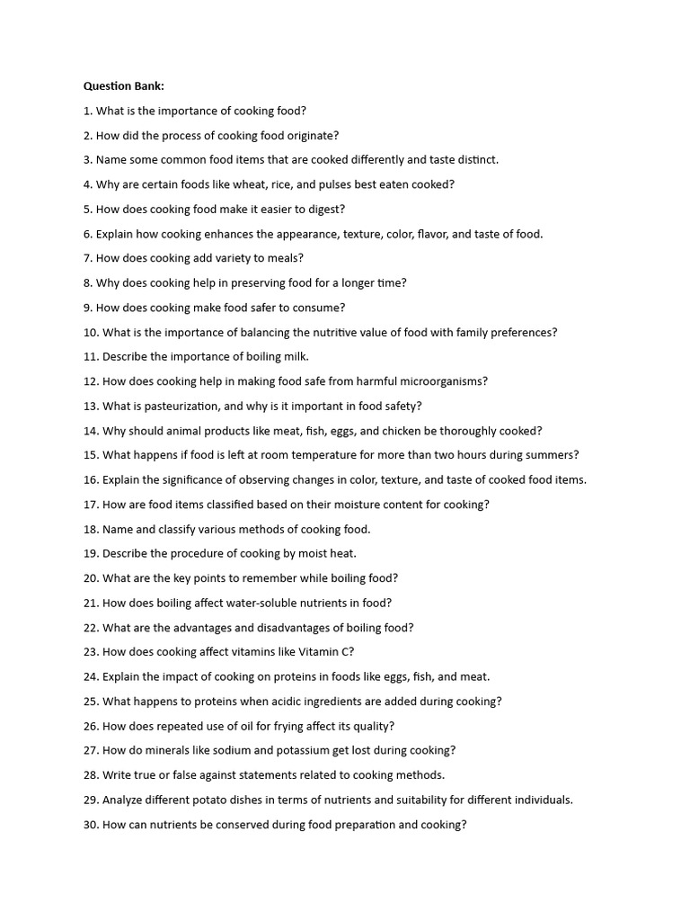 Question Bank Methods of Cooking Food | PDF | Foods | Cooking
