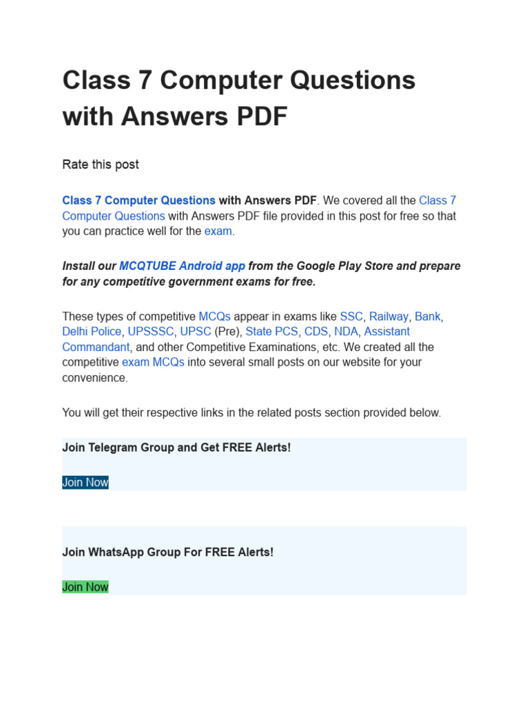 Class 7 Computer Questions with Answers PDF | PDF | Databases | Microsoft Access