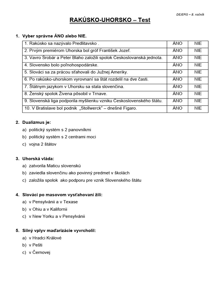 DEJ 8B 7 Rakusko-Uhorsko Test | PDF