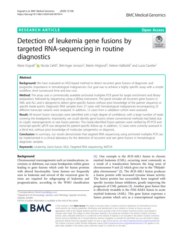 Detection of Leukemia Gene Fusions by Targeted RNA Sequencing | PDF ...