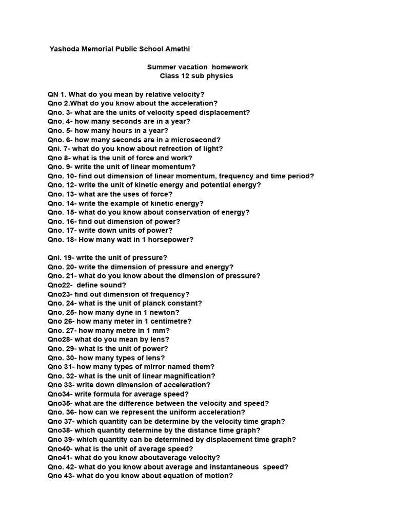 Class 12 Physics Summer Homework Guide | PDF | Force | Momentum