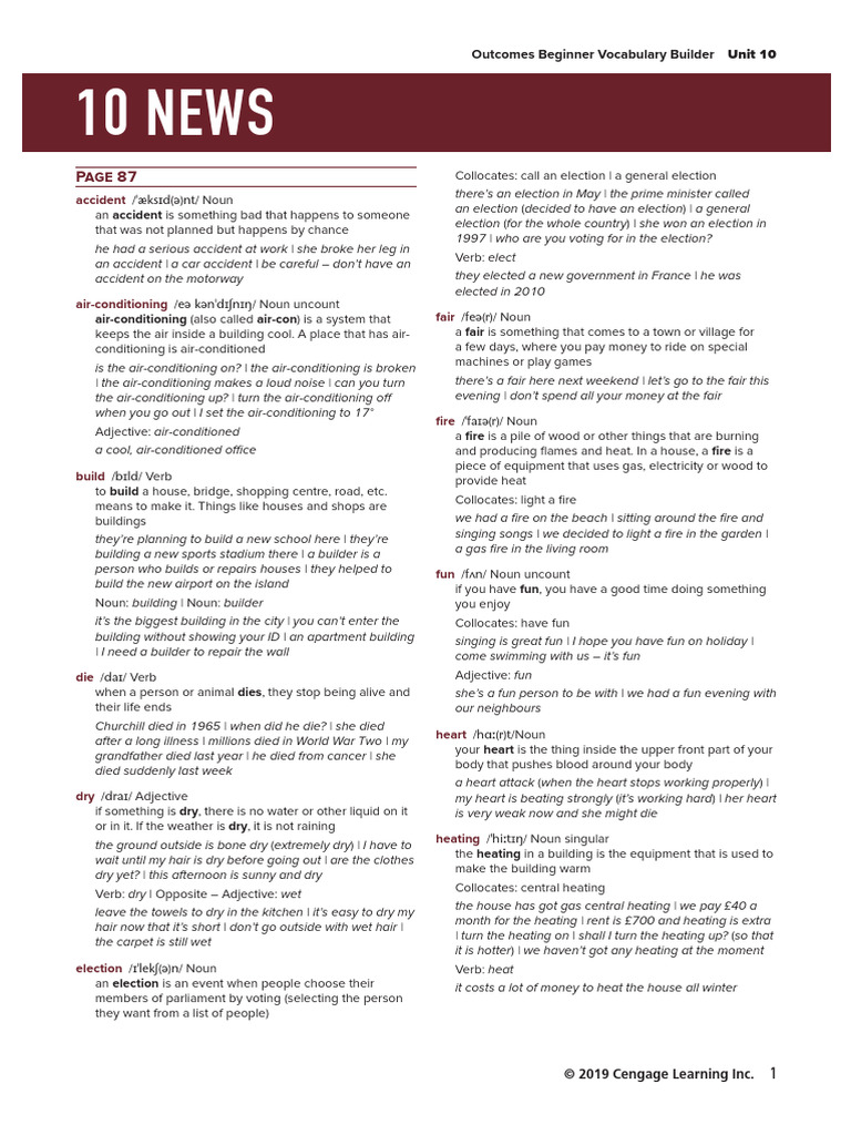 Outcomes Beginner VocabBuilder Unit 10 | PDF | Adjective | Verb