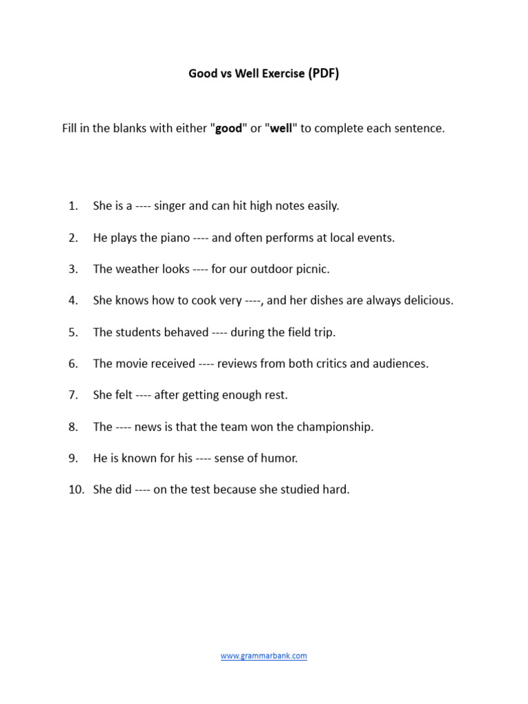 Good vs Well Exercise Worksheet | PDF | Language Arts & Discipline