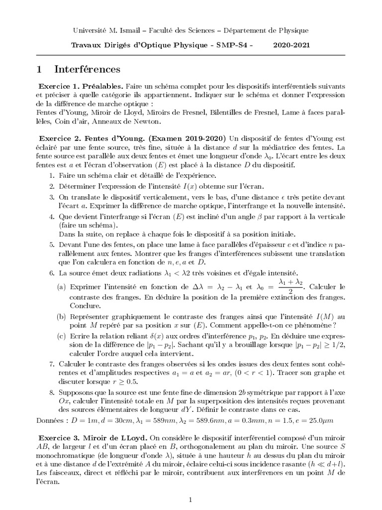 TDs Optique S4 2021 | PDF | Optique | Mouvement (Physique)