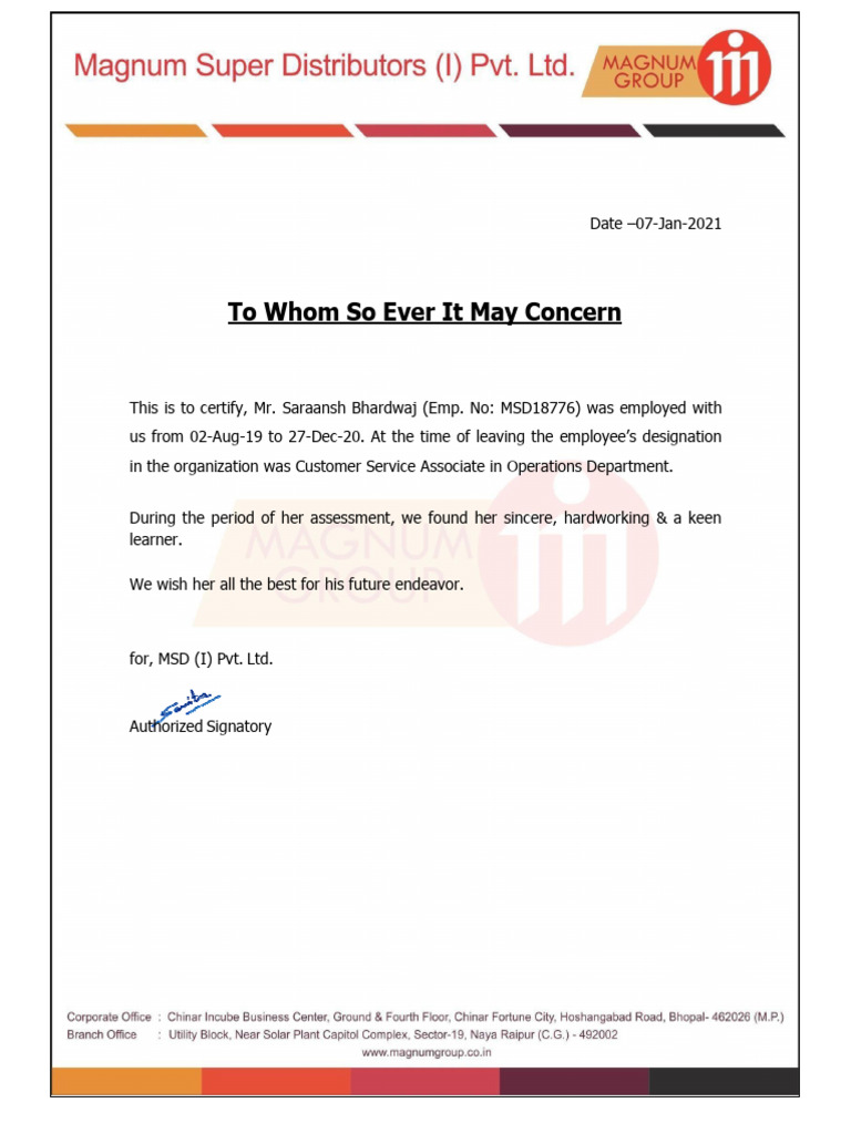 Experience Letter - Saransh Bhardwaj | PDF