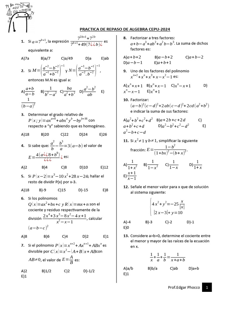 Practica de Repaso de Algebra Cepu 2024 | PDF | Factorización | Matemáticas