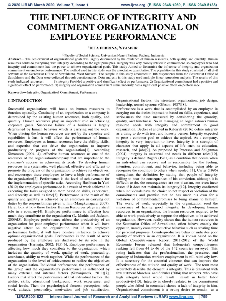 Integrity & Commitment Impact on Employee Performance | PDF | Student's ...