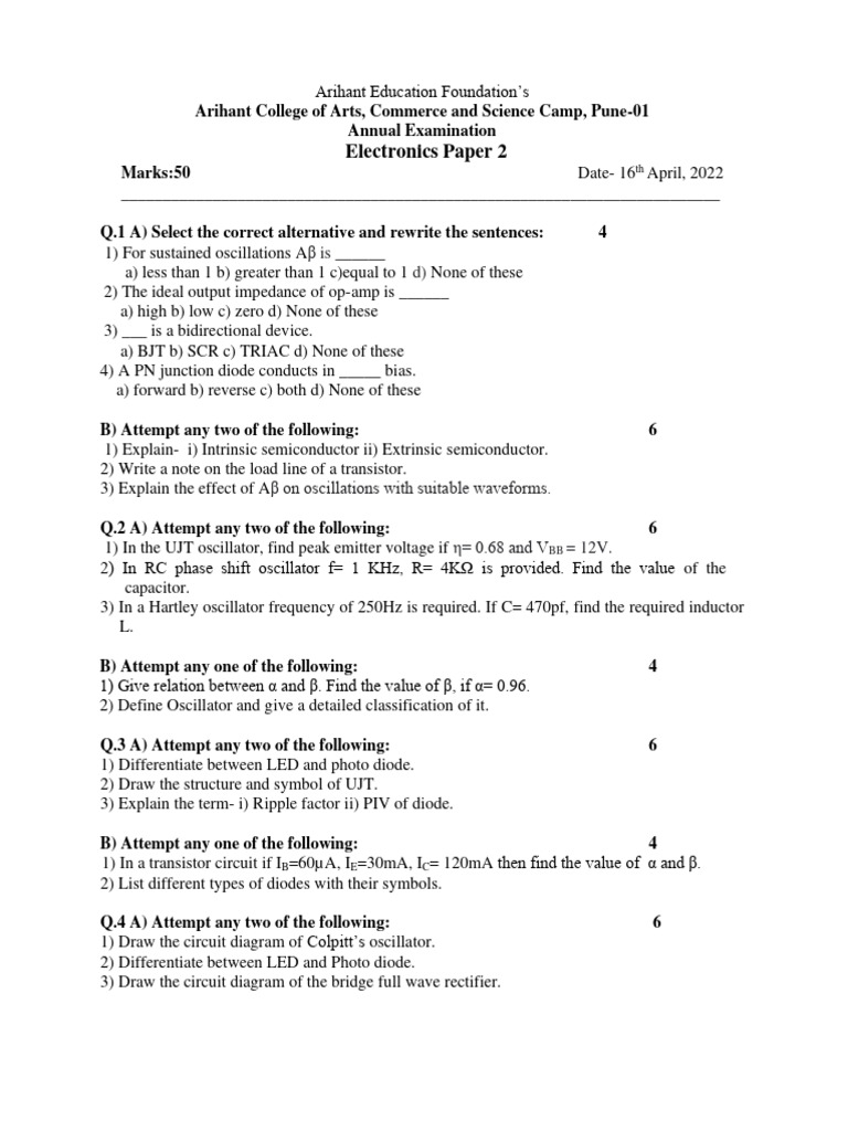 2021-22 - 11th - ES2 - Anuual Paper | PDF | Electronic Oscillator ...