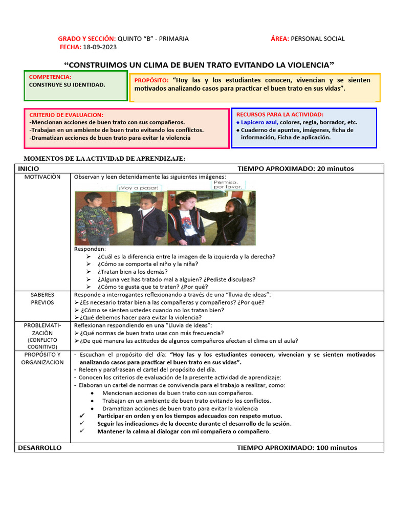 SESION DE APRENDIZAJE Un Clima de Buen Trato Sin Violencia | PDF | Aprendizaje | Cognición
