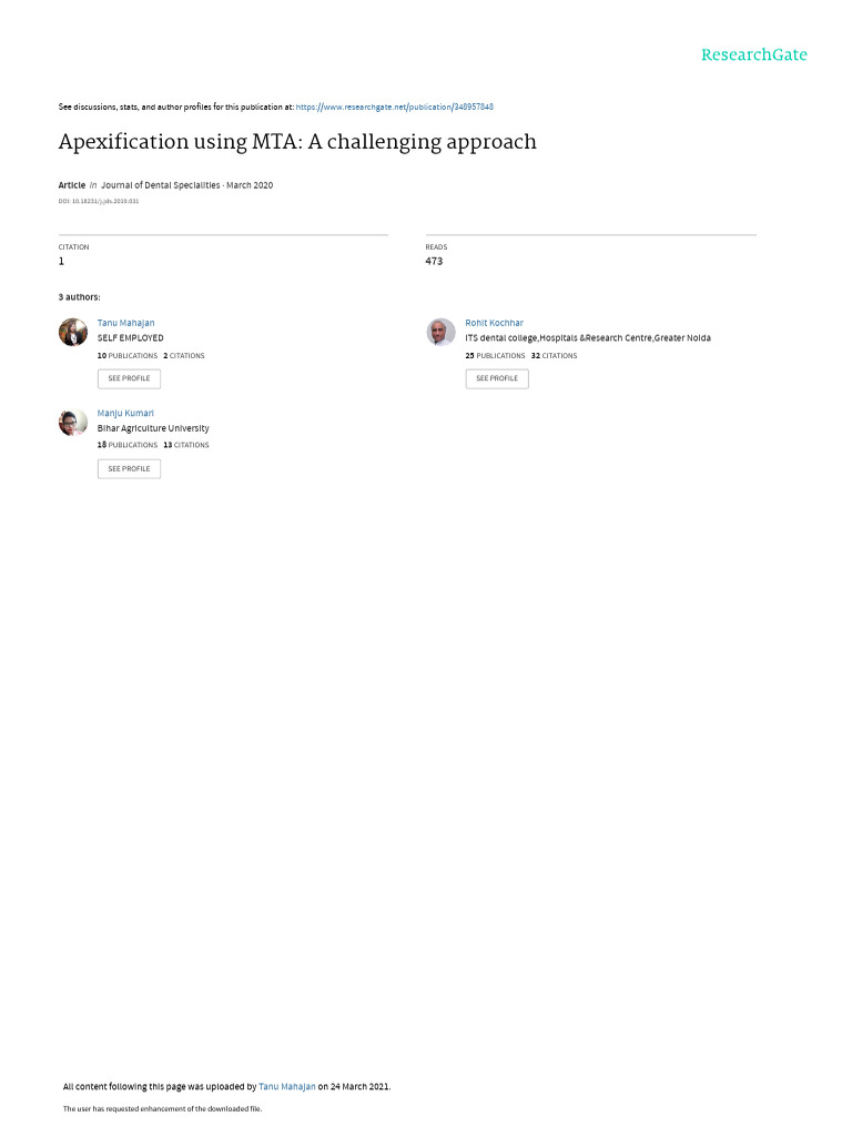 Apexification Using MTA A Challenging Approach | PDF | Dental Anatomy ...