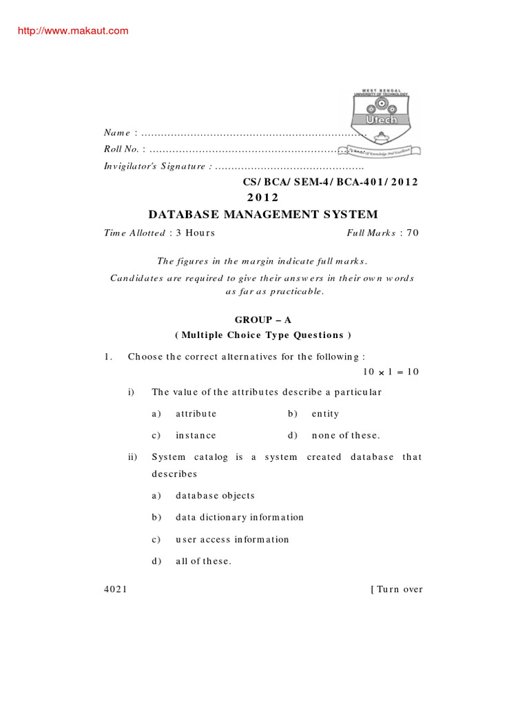 Bca Bca 401 Database Management System 2012 | Download Free PDF | Relational Model | Databases