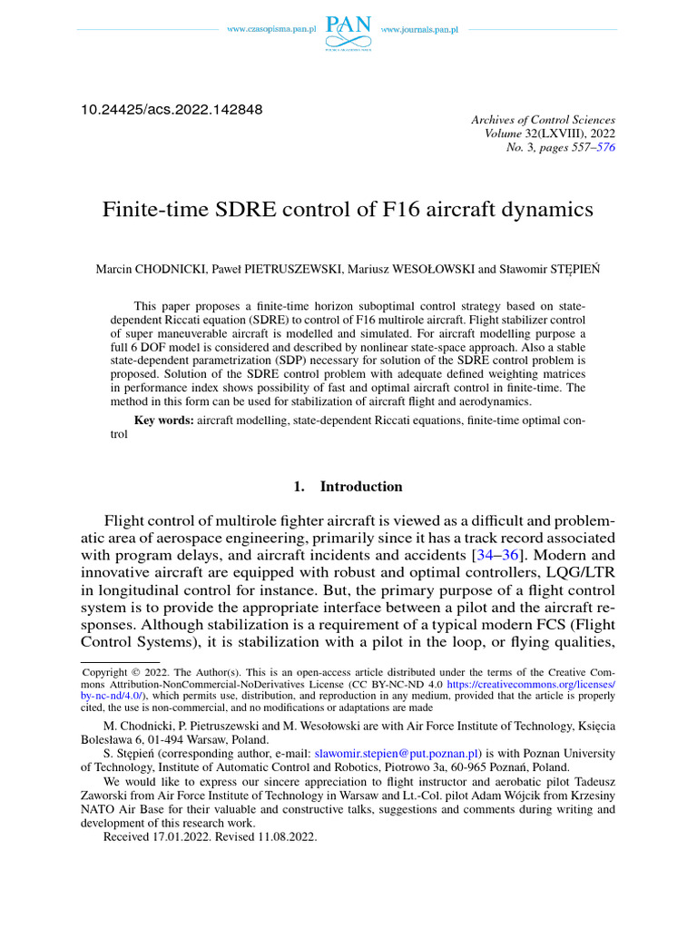 Finite Time SDRE Control of F16 Air | PDF | Torque | Optimal Control