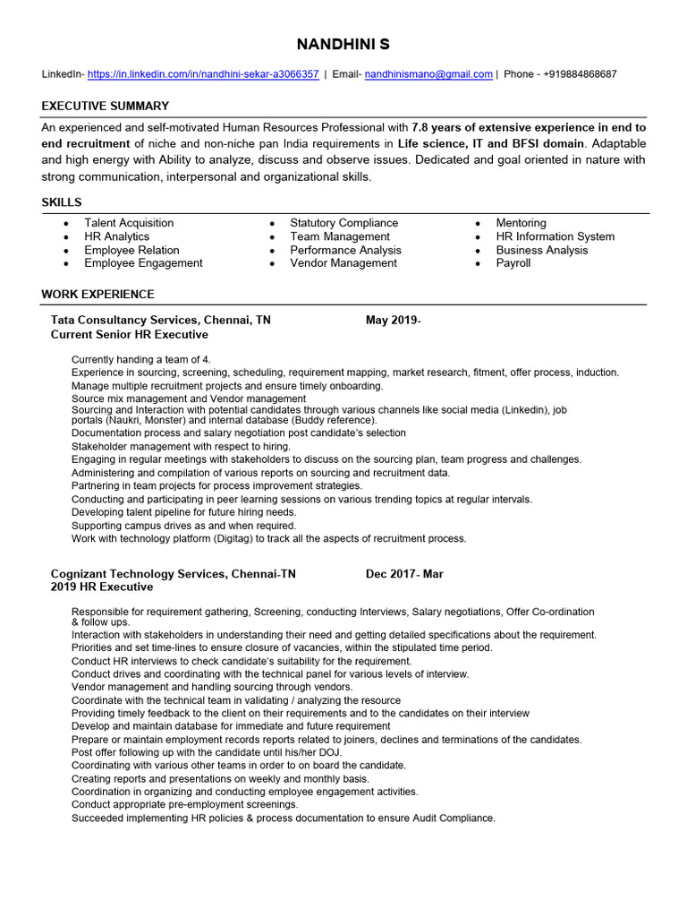 Nandhini HR 7+ Exp Resume | Download Free PDF | Recruitment | Human ...