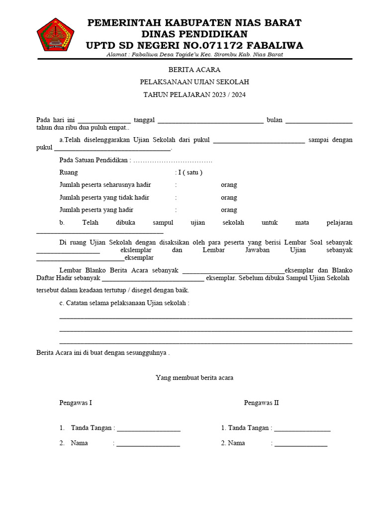 Berita Acara Pelaksanaan Ujian 2024 | PDF