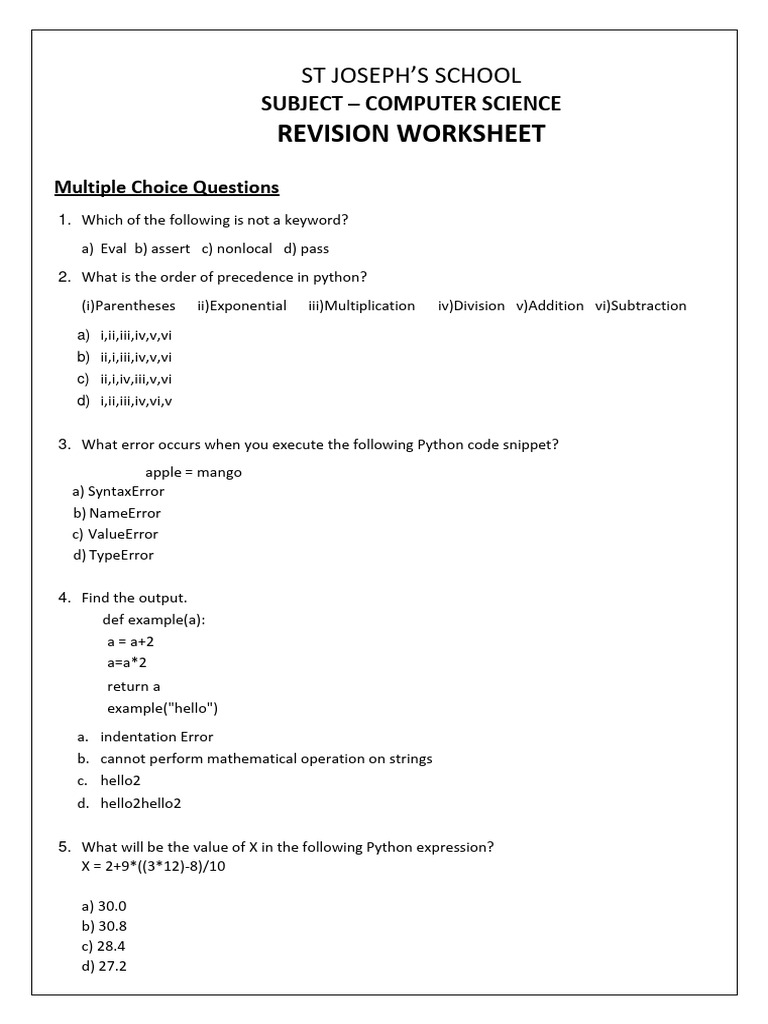 Revision Worksheet | PDF | Parameter (Computer Programming) | Computer ... Revision Worksheet | PDF | Parameter (Computer Programming) | Computer ...