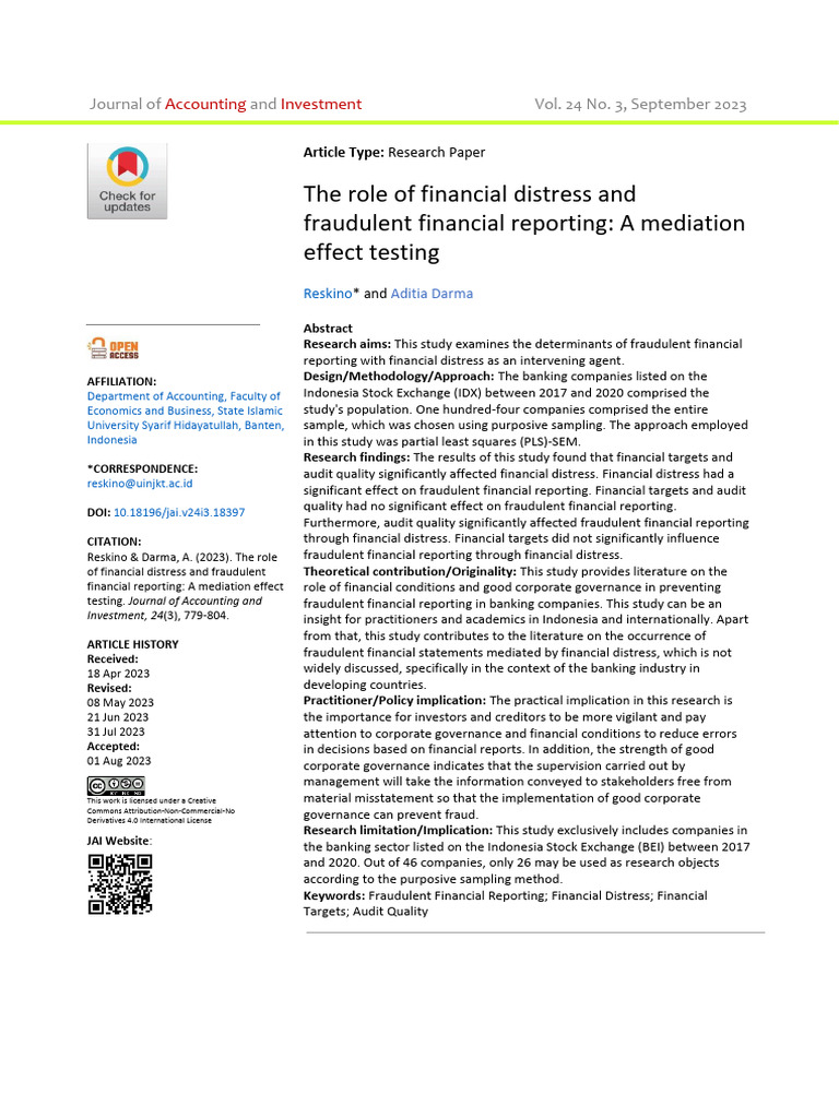 The Role of Financial Distress and Fraudulent Financial Reporting: A ...