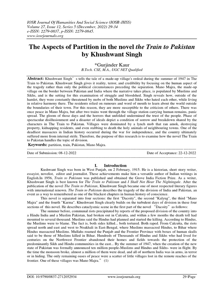 The Aspects of Partition in The Novel The Train To Pakistan by ...