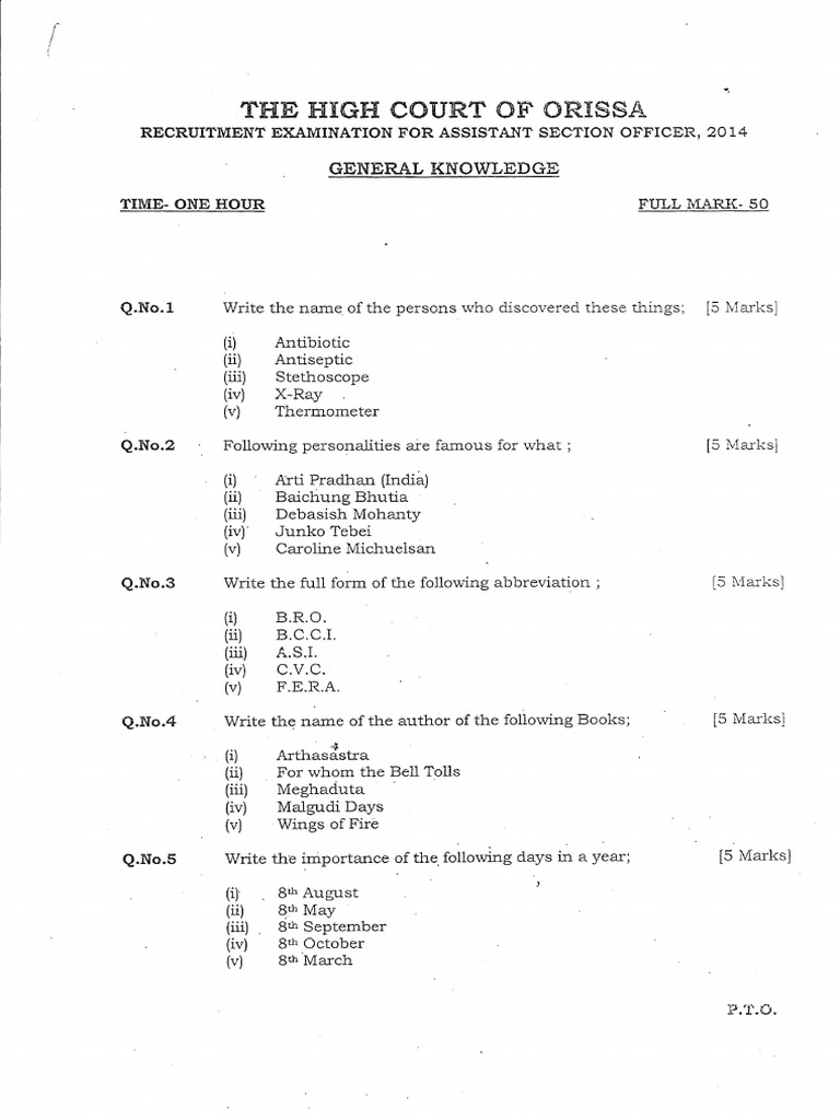Odisha High Court ASO 2014 Question Paper | PDF