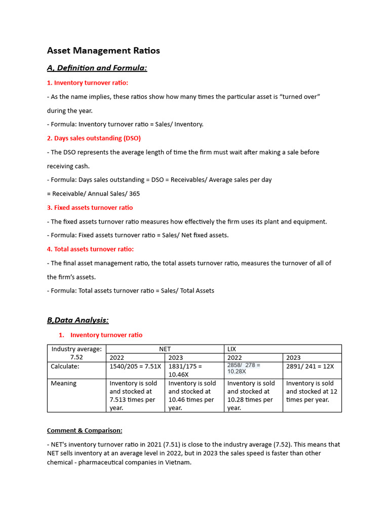 Asset Management Ratios | PDF | Inventory | Revenue