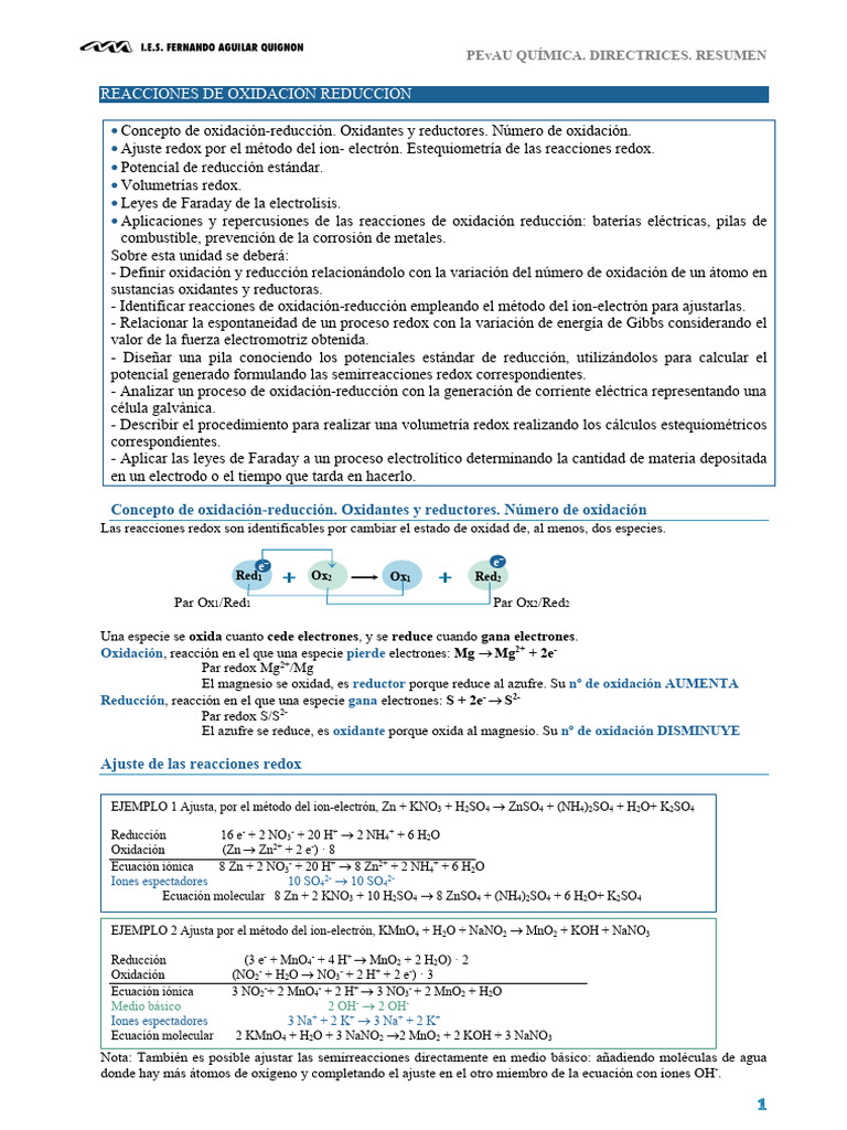 Redox Resumen Pau 23 24 3 2 Pdf Redox Fenómenos Científicos
