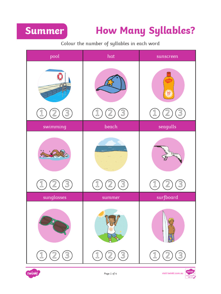 Summer Words Syllable Count Guide | PDF