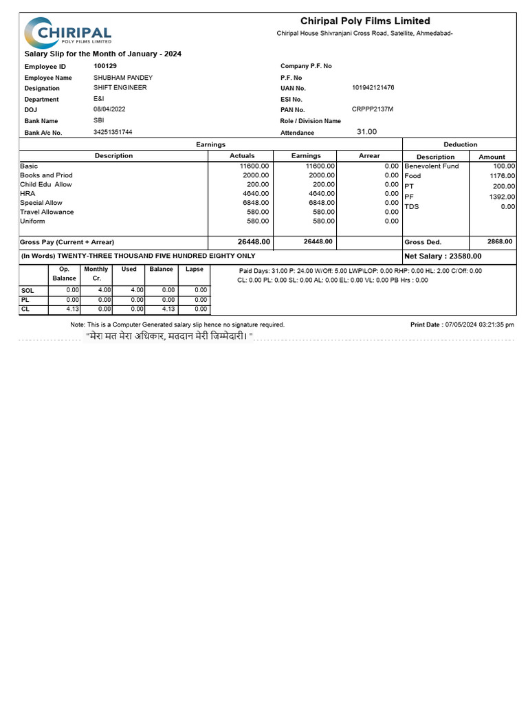 Chiripal Poly Films Limited: Salary Slip For The Month of January - 2024 | PDF | Expense ...