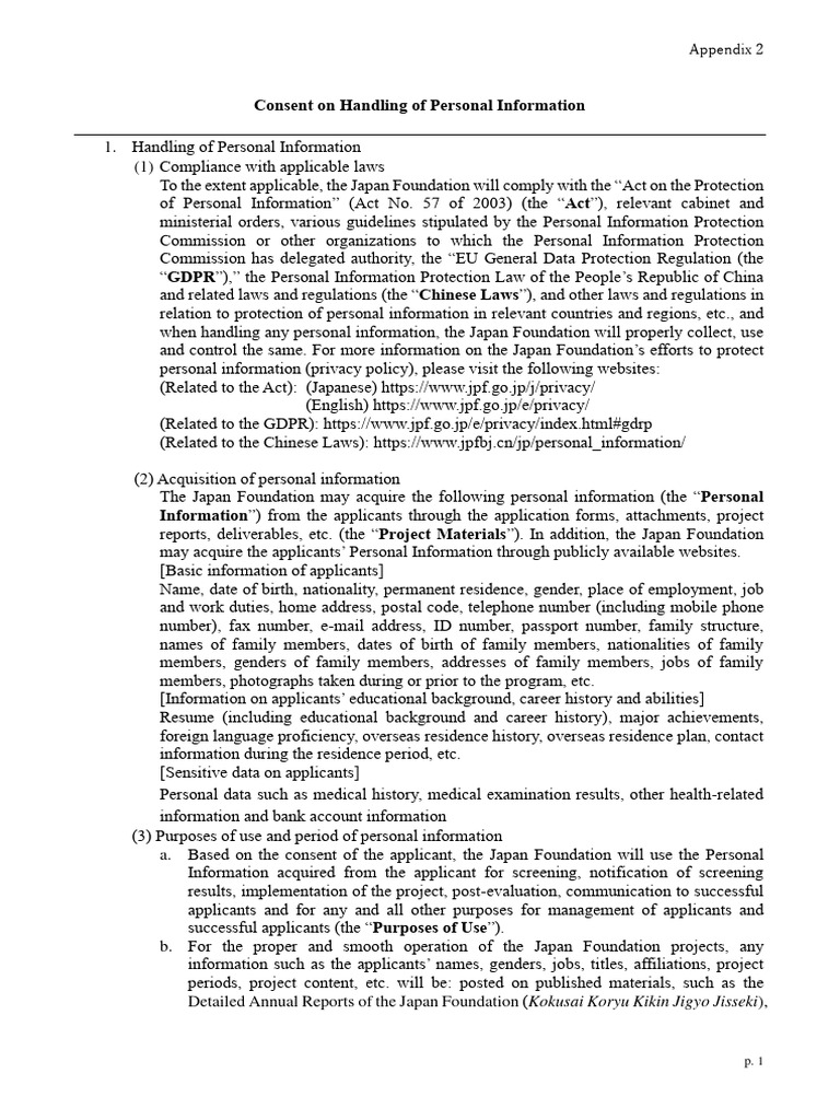 Appendix 2 - Consent On Handling of Personal Information | PDF | Consent | Information