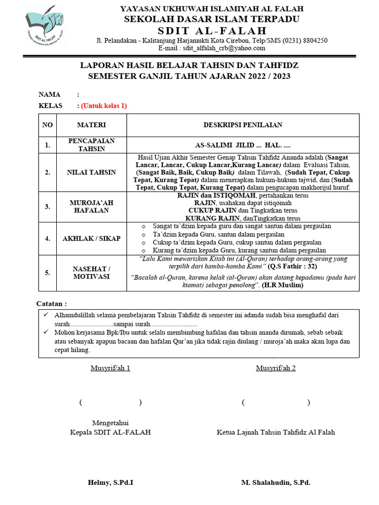 Format Rapot Tahfidz SD | PDF | Agama & Spiritualitas
