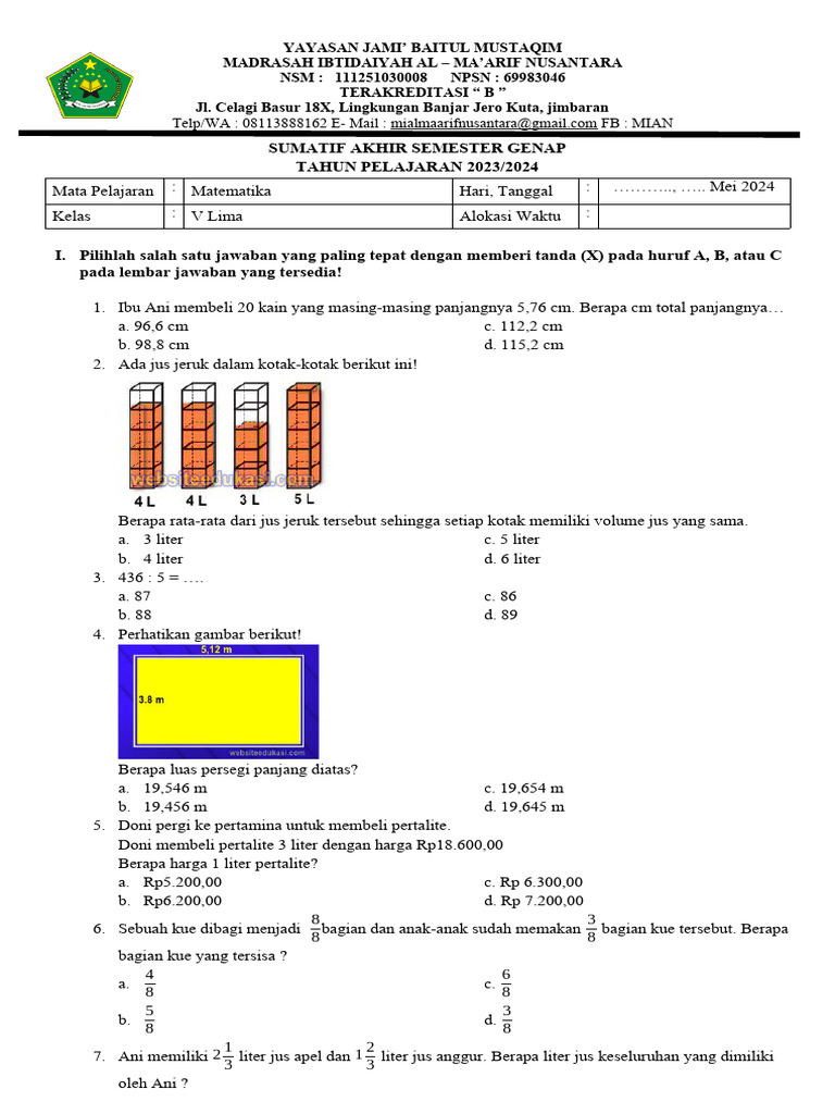 Soal Sas MTK Kelas 5 Fiks | PDF