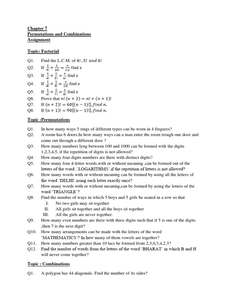 Assignment Chapter 7 Permutations and Combination | PDF | Language Arts ...
