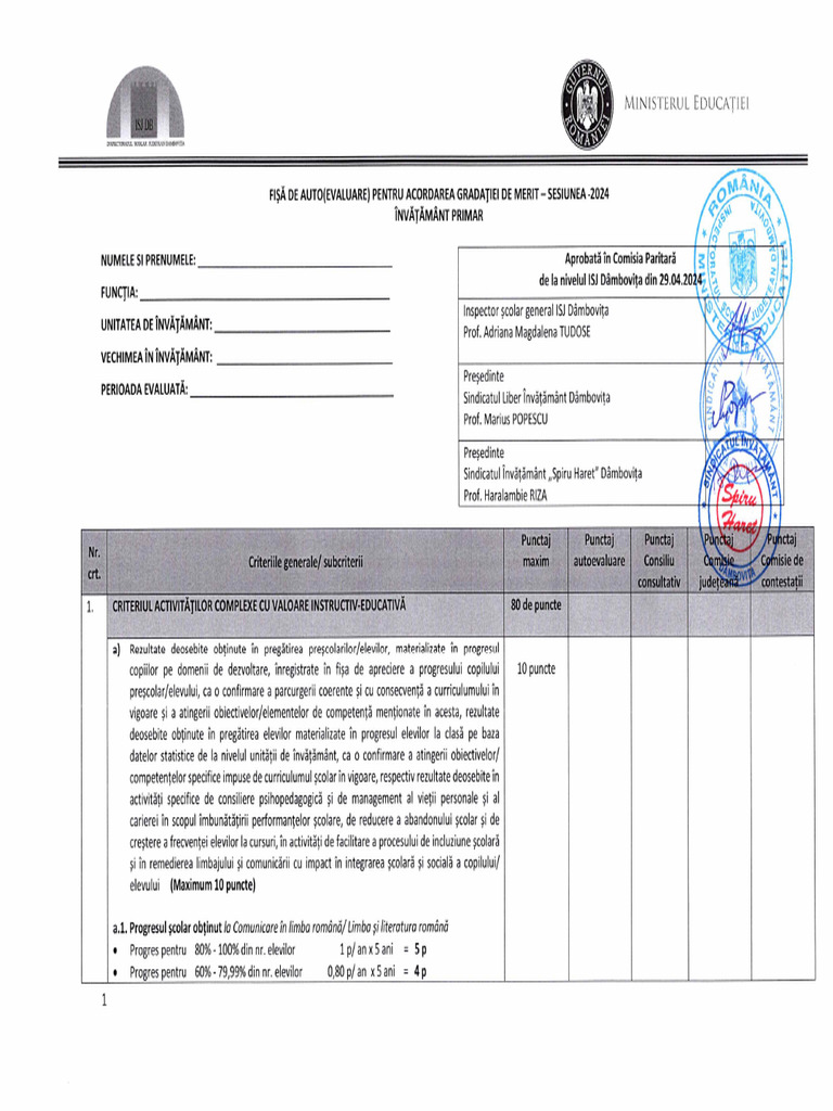 Fisa Autoevaluare Gradatie de Merit Inv. Primar 2024 Rotated | PDF