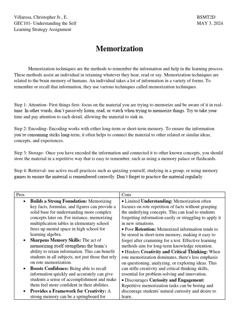 Villarosa - Memorization Teaching Method | PDF | Memory | Recall (Memory)