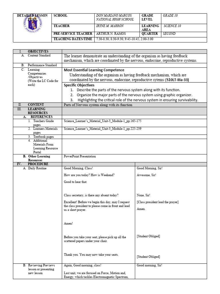 Grade 10 Science Lesson Plan: Nervous System | PDF | Neuron | Central ...