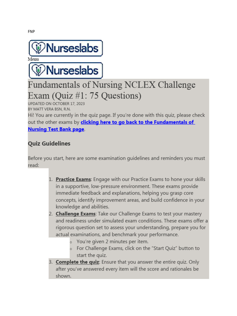 Fundamentals of Nursing NCLEX Challenge Exam (Quiz #1: 75 Questions) | PDF | Rapid Eye Movement ...