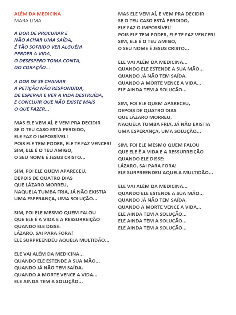 Letra Louvor Além Da Medicina | PDF