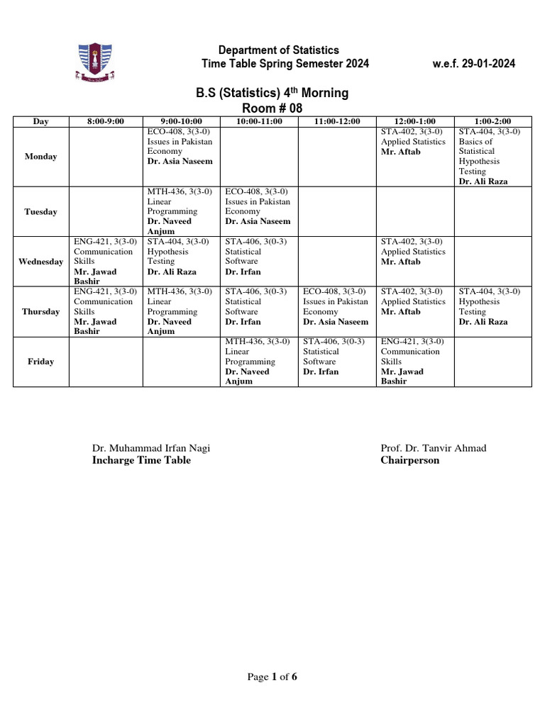 Time Table Spring 2024 | PDF | Multivariate Statistics | Statistical Inference
