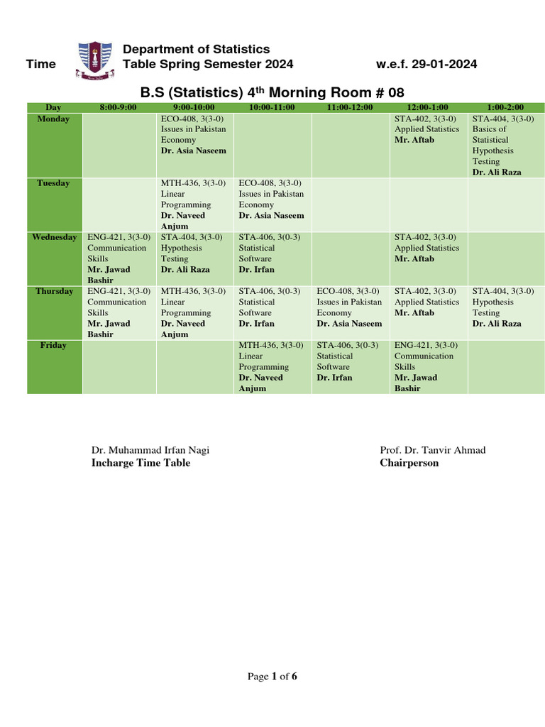 Time Table Spring 2024-1 | Download Free PDF | Data Analysis | Applied Statistics