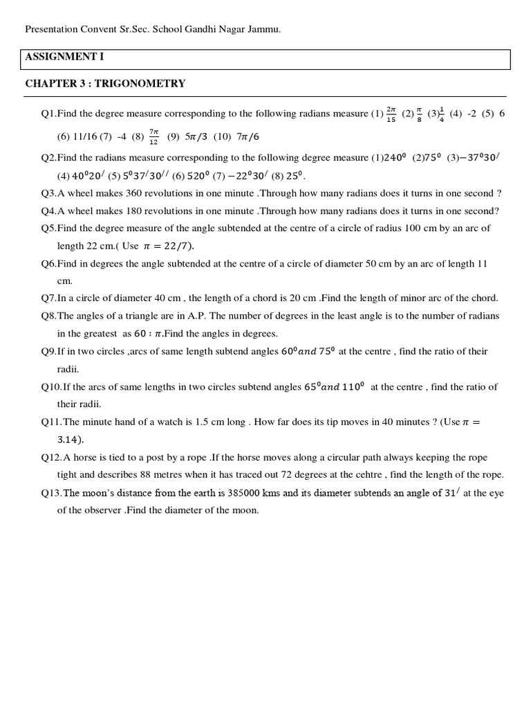 Trigonometry Assignments for Students | PDF