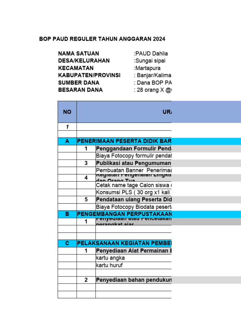Contoh RKAS PAUD 2024 Terbaru | PDF