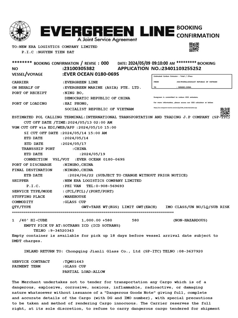 Evergreen Booking Confirmation Details | PDF | Cargo