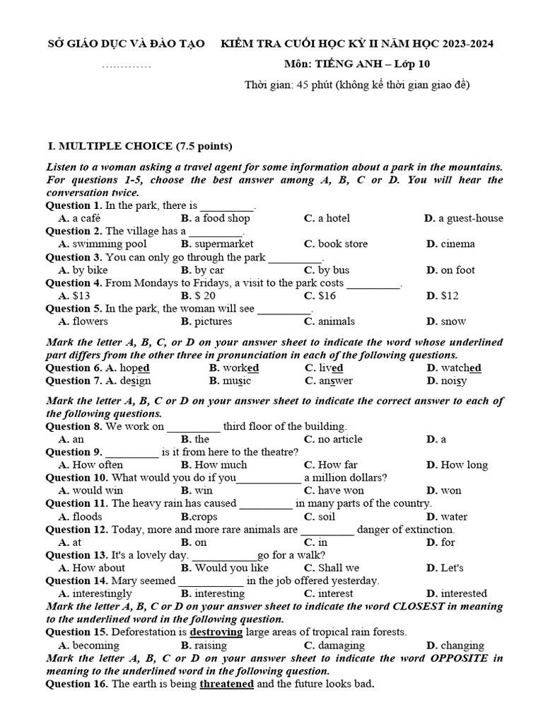 De Thi hk2 Tieng Anh 10 Isw de 1 | PDF | Whales | Hunting