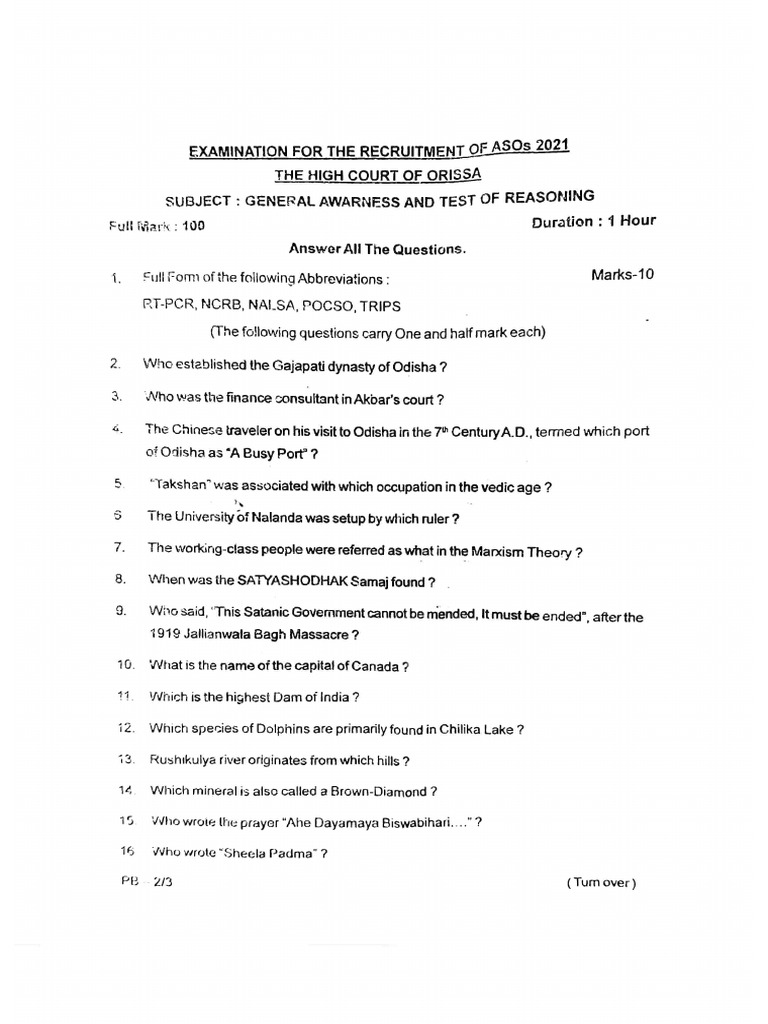 Odisha High Court AS0 2021 Mains G.S Paper | PDF